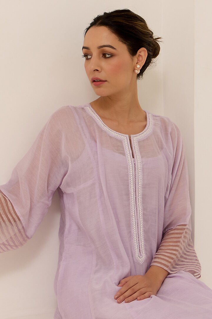 Lavender Malai Chanderi Thread & Pearl Work A-line Kurta Set by Label ...