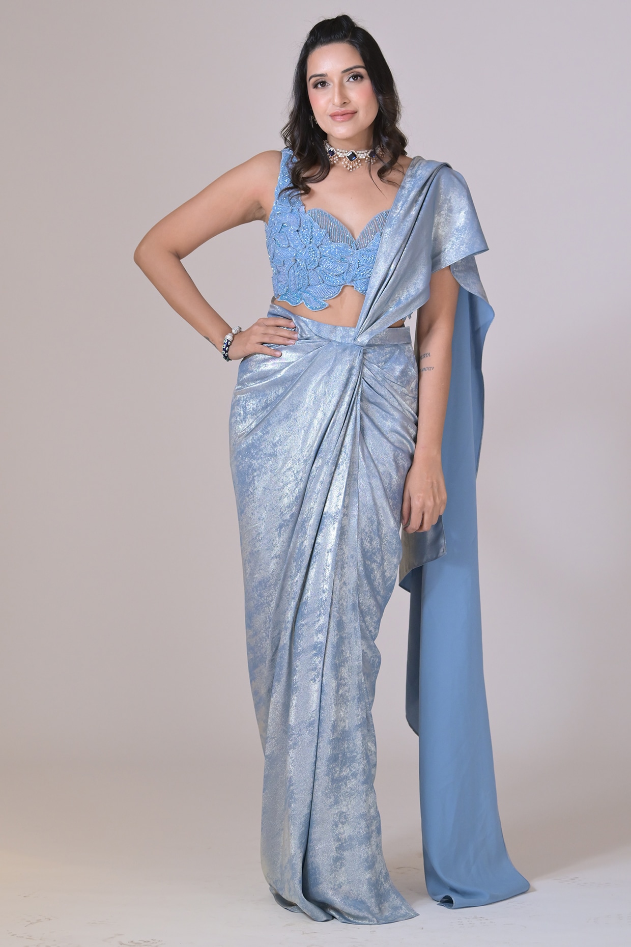 Ice Blue Shimmer Georgette Draped Wedding Saree Set by La Pearl at ...
