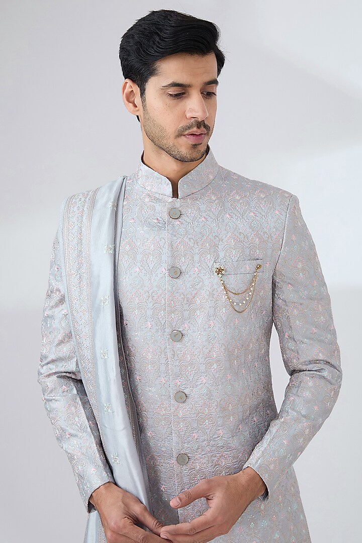 Grey Fire Silk Zari Embroidered Sherwani Set by Laromani at Pernia's ...