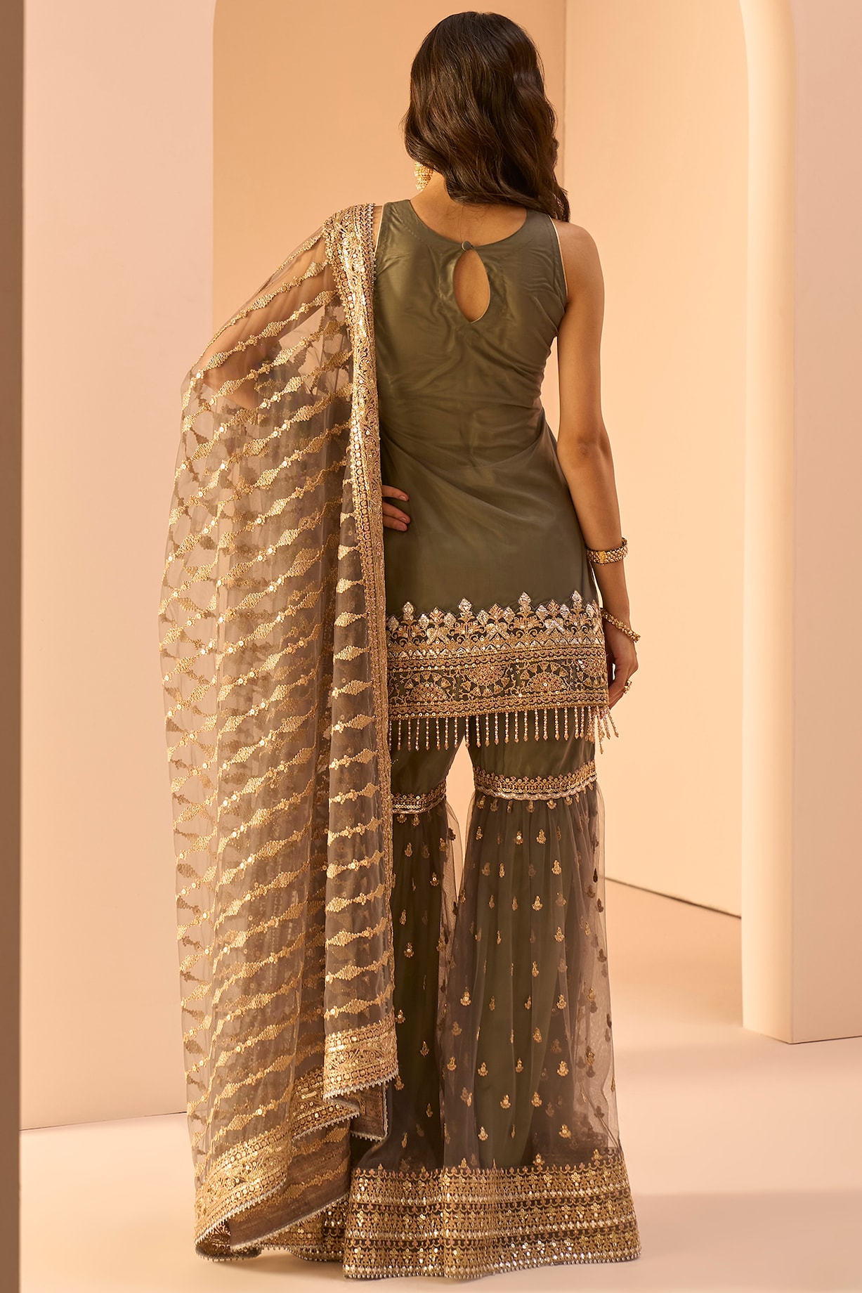 Dark Grey Net Zari & Sequins Embroidered Gharara Set by Lashkaraa at ...