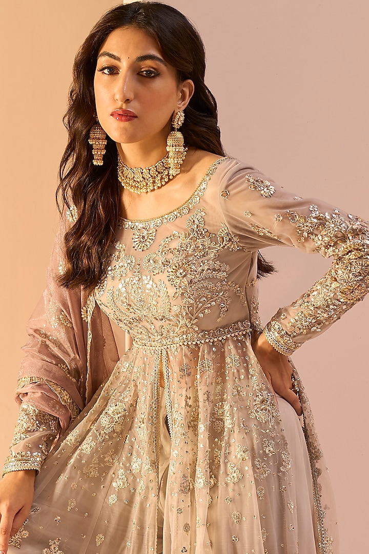 Grey Net Sequins Embroidered Anarkali Style Sharara Set by Lashkaraa at ...