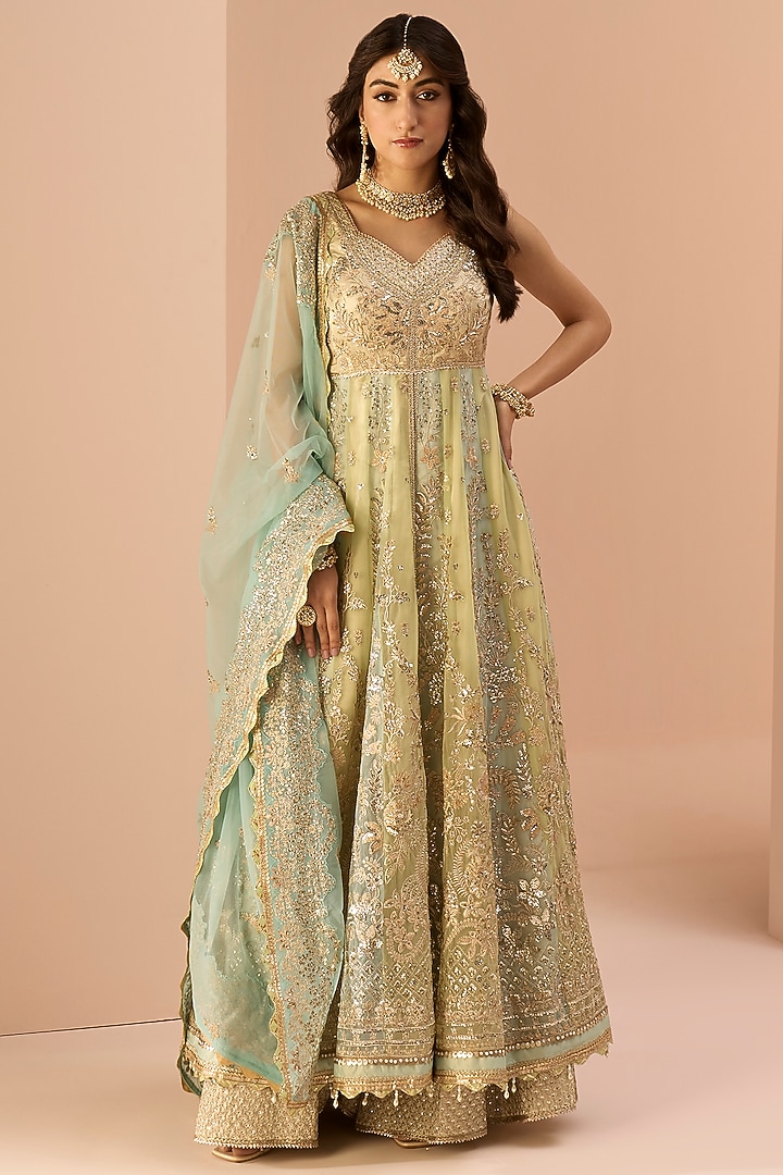 Green & Light Blue Net Sequins Embroidered Anarkali Set by Lashkaraa at ...