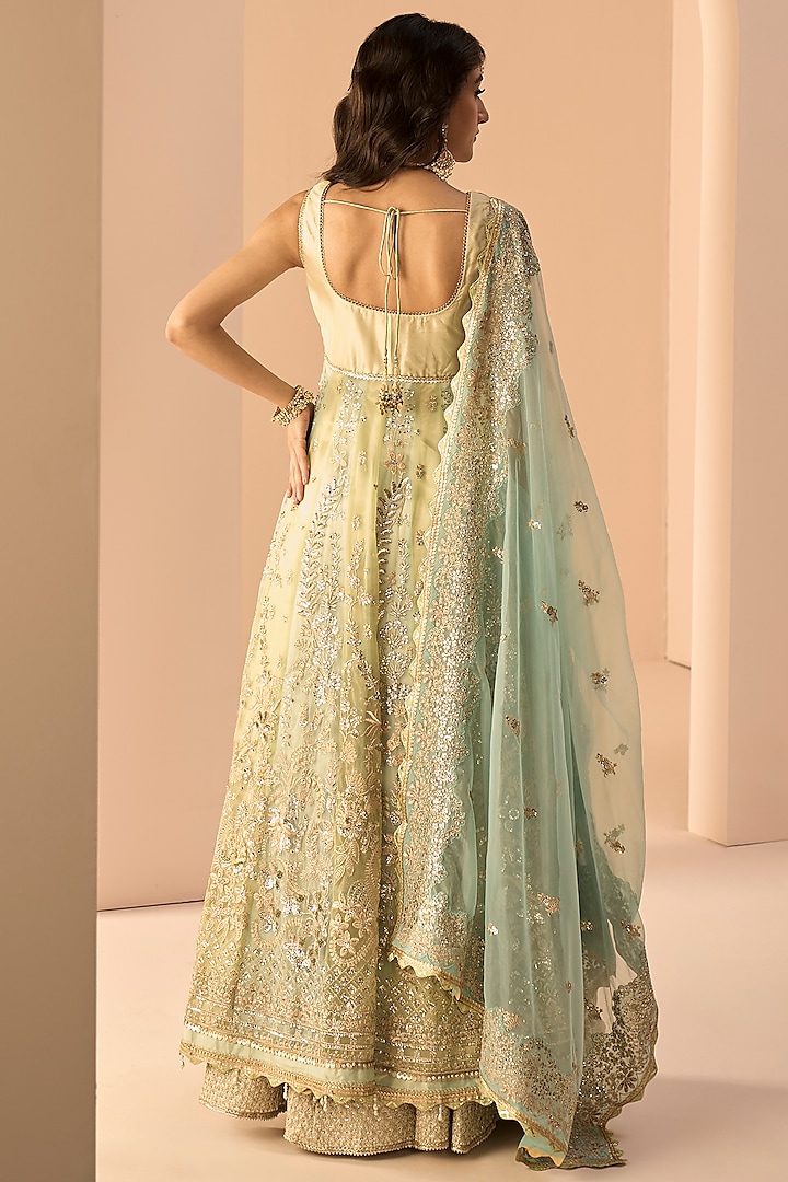 Green & Light Blue Net Sequins Embroidered Anarkali Set by Lashkaraa at ...