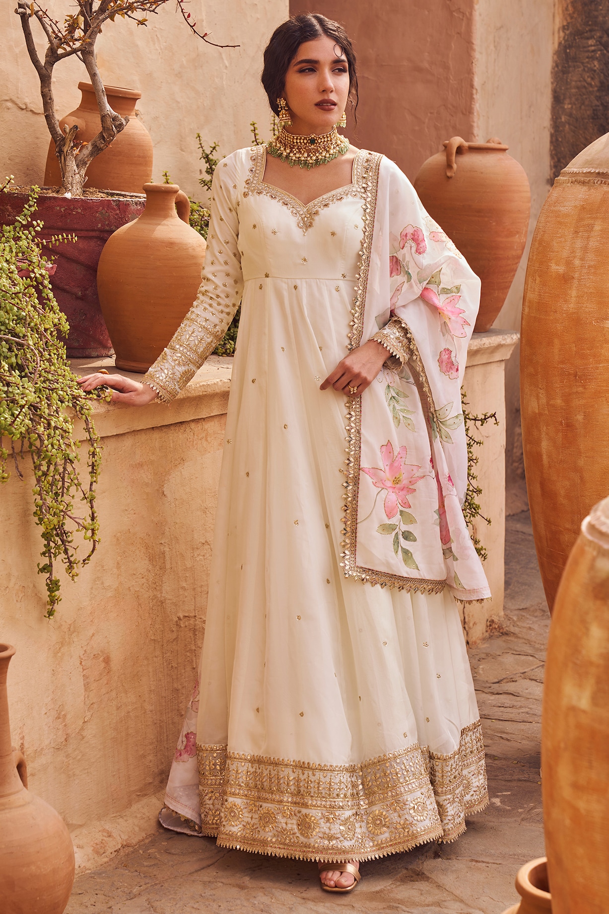 Off-White Soft Tabby Silk Zari Embroidered Anarkali Set by Lashkaraa at ...