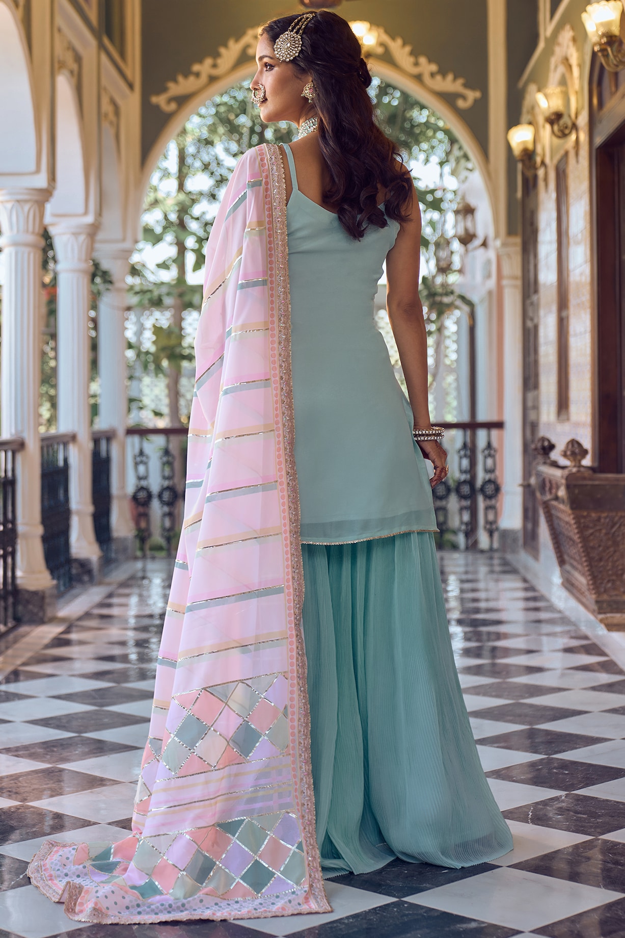 Light Blue Georgette Sharara Set by Lashkaraa at Pernia's Pop Up Shop 2024