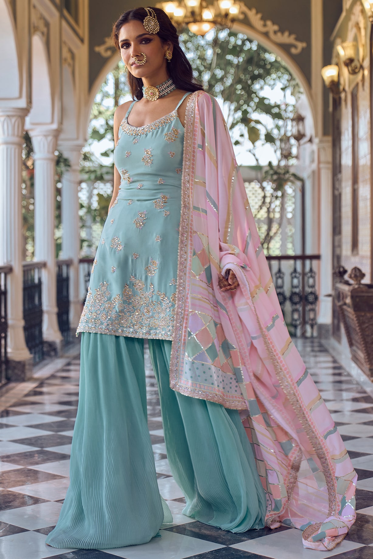Light Blue Georgette Sharara Set by Lashkaraa at Pernia's Pop Up Shop 2025