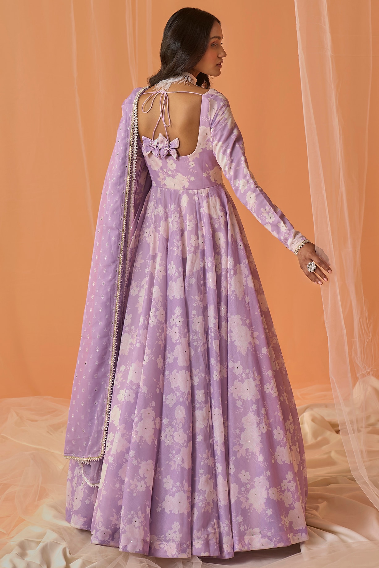 Lilac Chanderi Floral Printed Anarkali Set Design by Lashkaraa at Pernia's Pop Up Shop 2024