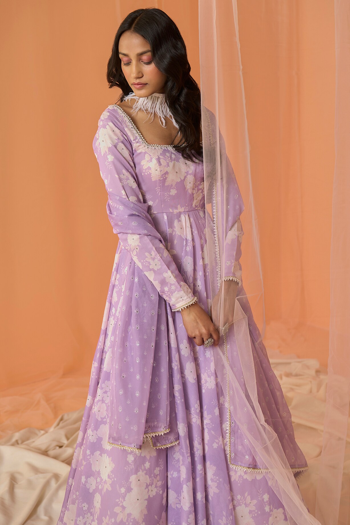 Lilac Chanderi Floral Printed Anarkali Set by Lashkaraa at Pernia's Pop Up Shop 2024
