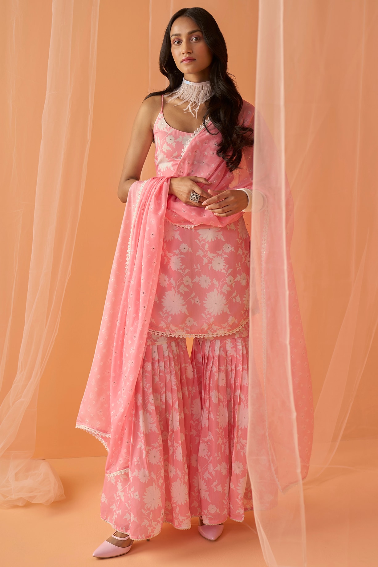 Light Pink Chanderi Floral Printed Gharara Set by Lashkaraa at Pernia's ...
