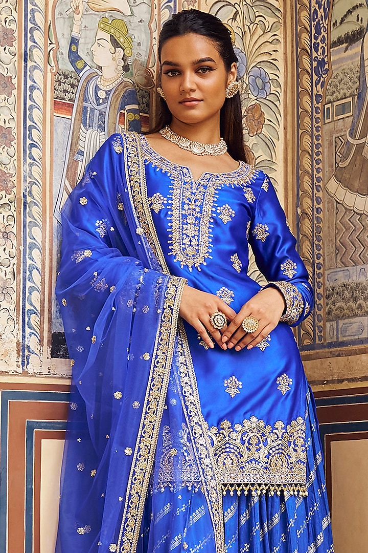 Blue Green Brocade Zari Embroidered Sharara Set by Lashkaraa at Pernia ...