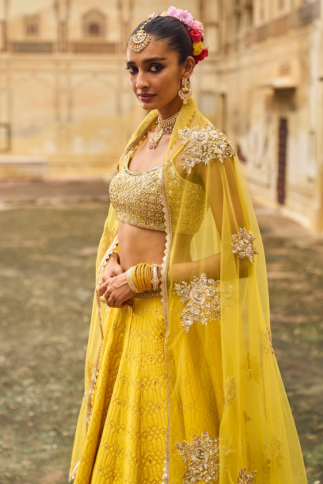 Yellow Brocade & Shantoon Thread Embroidered Lehenga Set by Lashkaraa ...