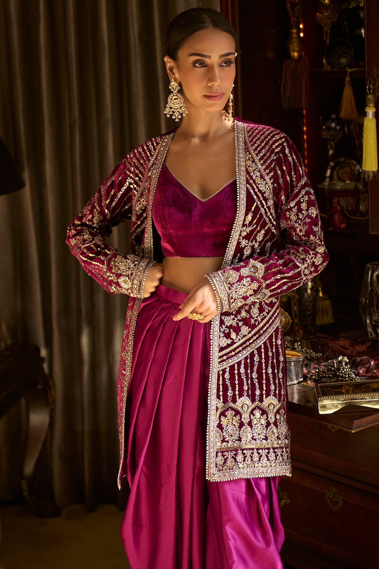 Magenta Velvet Sequins Embroidered Jacket Set Design by Lashkaraa at ...