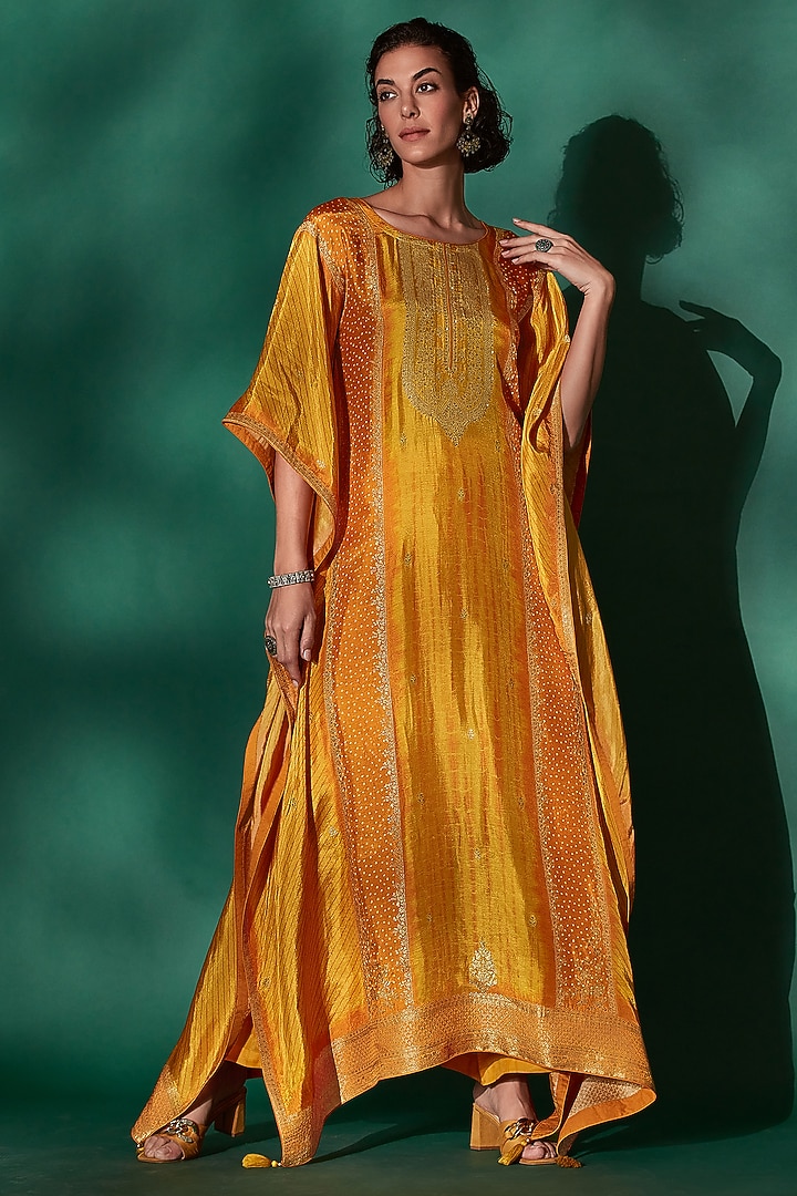 Yellow & Tangerine Viscose Woven Printed Kaftan Set by Label Varsha at ...