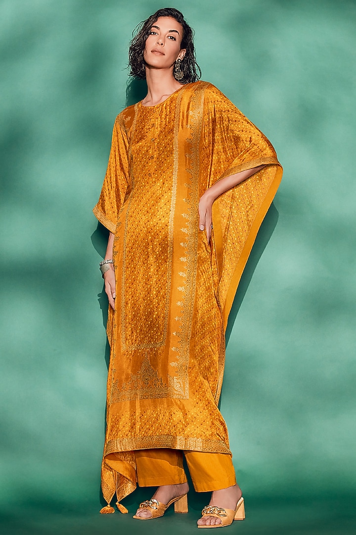 Sunset Yellow Crushed Viscose Woven Bandhani Printed Kaftan Set by ...