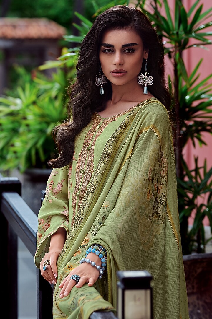 Pistachio Green Viscose Pashmina Floral Embroidered Kurta Set by Label ...
