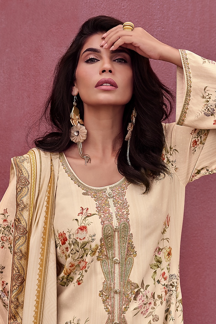 Dessert Ivory Viscose Pashmina Floral Embroidered Kurta Set by Label ...