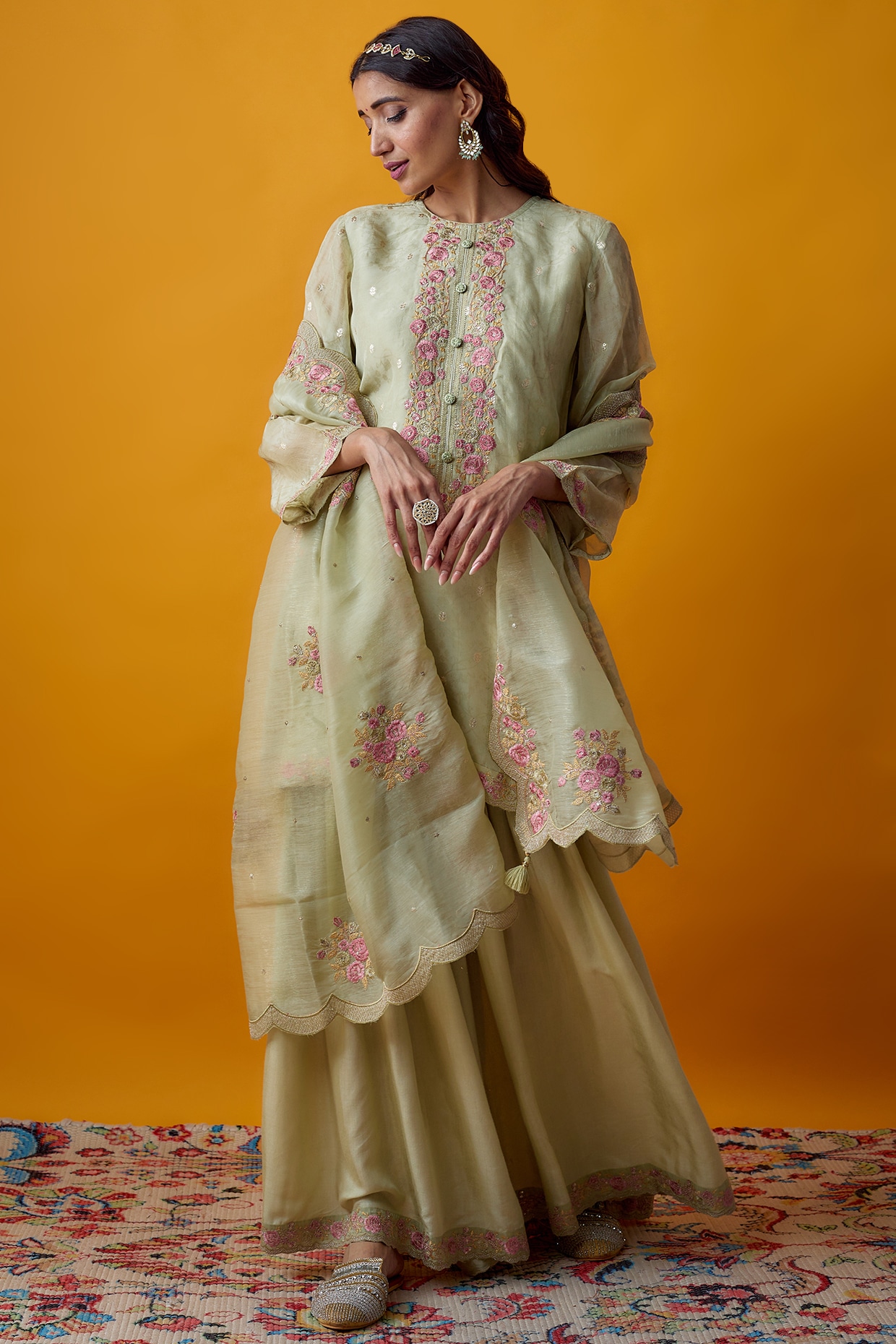 Pistachio Green Viscose Organza Embroidered Kurta Set by Label Varsha ...