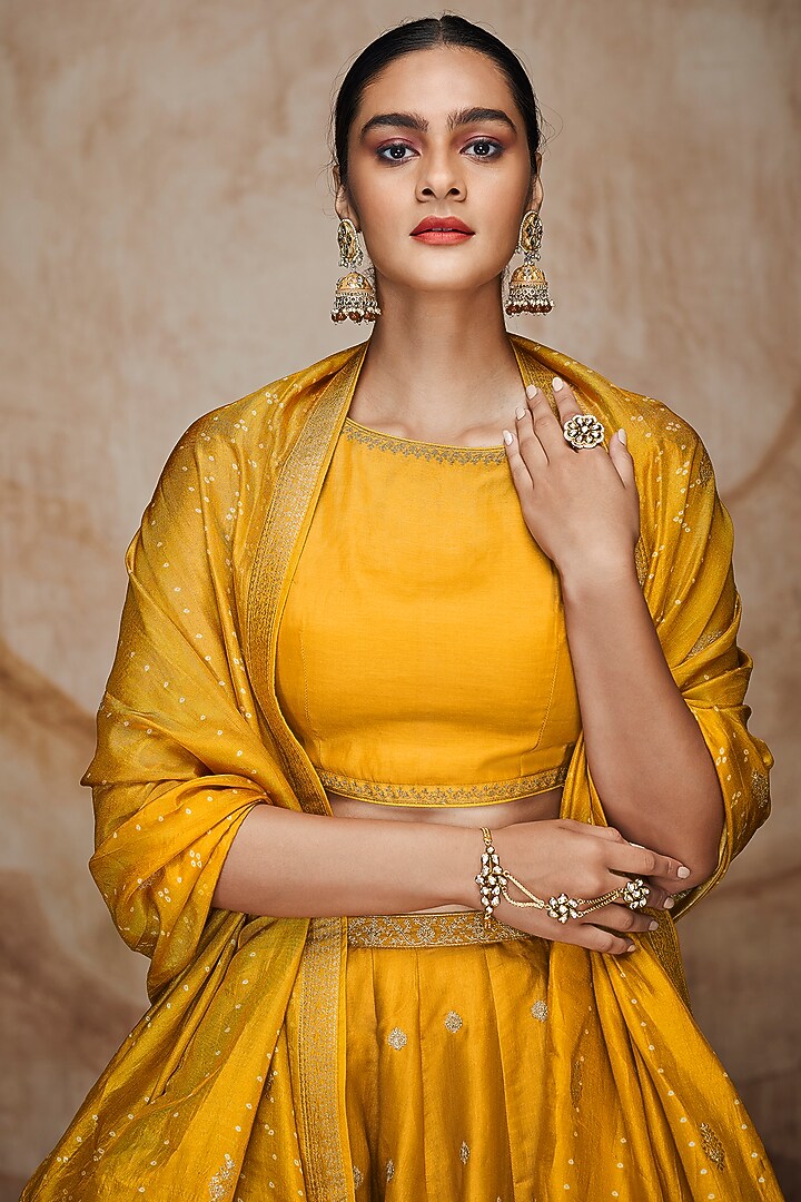 Yellow Art Tussar Silk & Viscose Uppada Embroidered Lehenga Set by ...