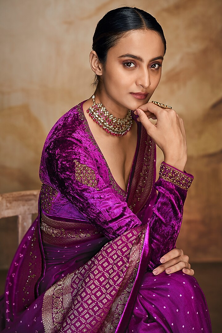 Purple Viscose Woven Hand Embroidered Bandhani Saree Set by Label ...
