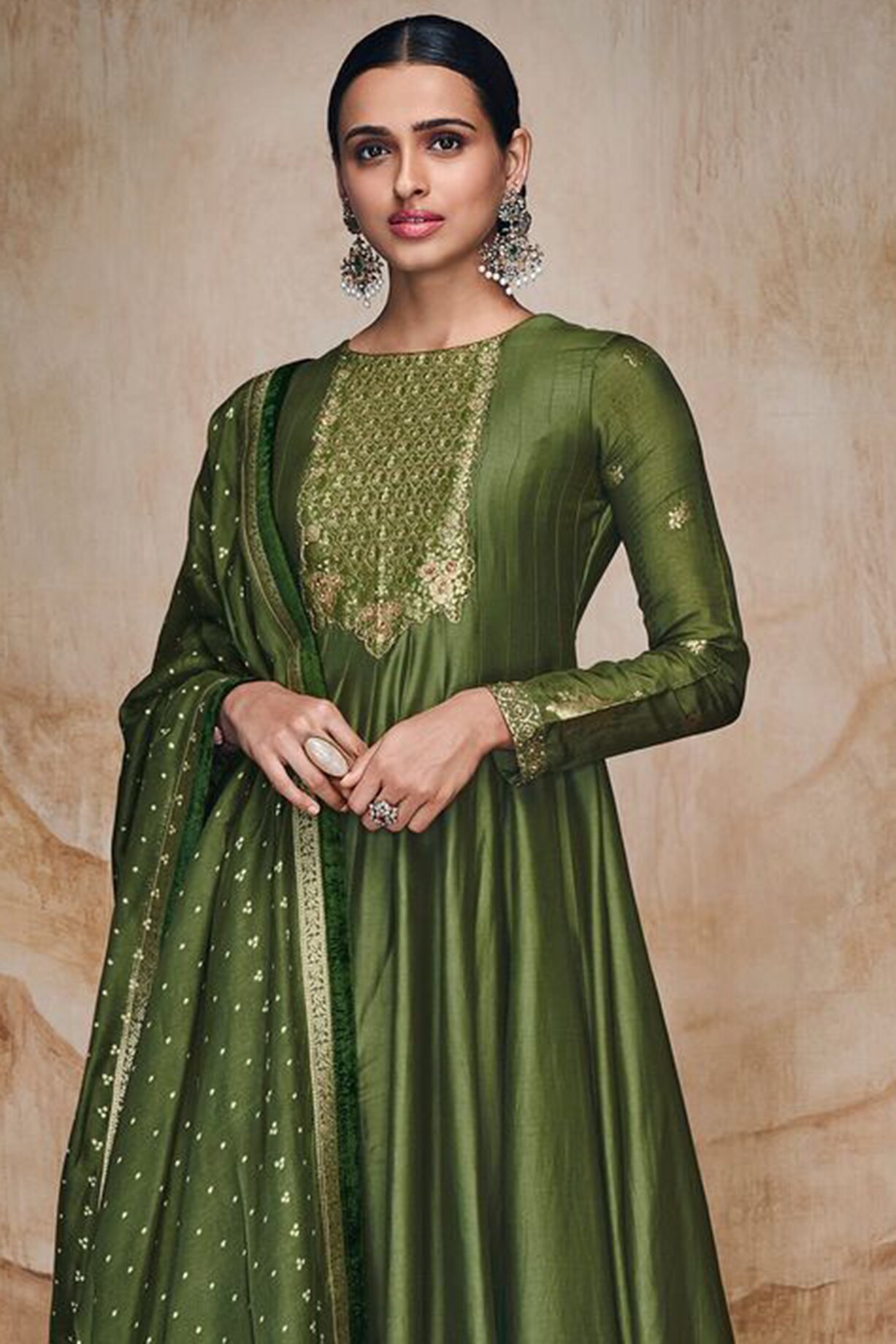 Olive Green Modal Silk Zari & Thread Embellished Anarkali Set by Label ...