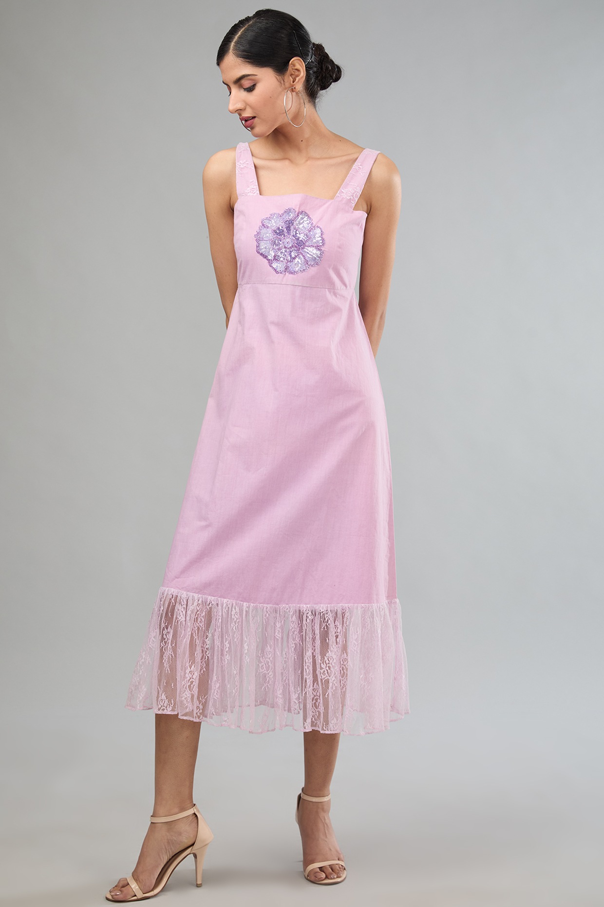 Purple Handloom Cotton Lace Embroidered Two-Tiered Midi Dress by Label ...