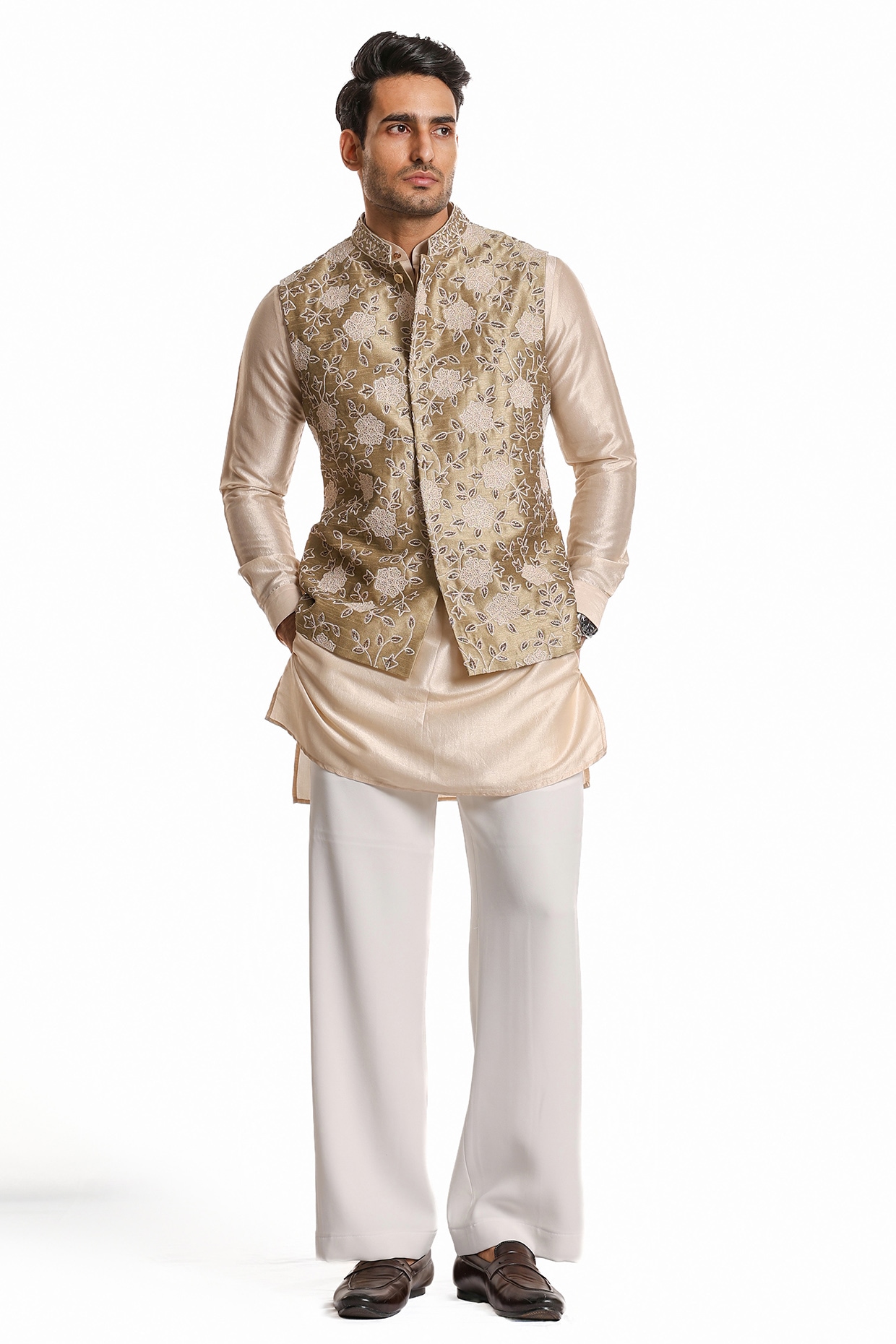 Golden Raw Silk Glass Cut Embroidered Nehru Jacket Set by Line by ...