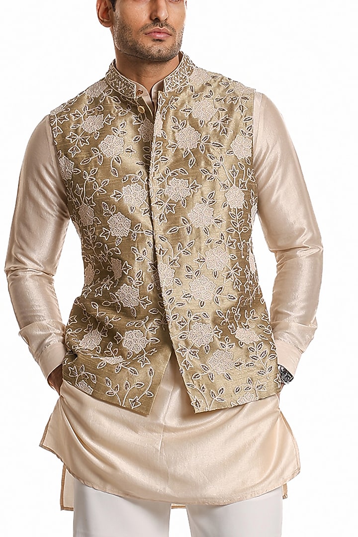 Golden Raw Silk Glass Cut Embroidered Nehru Jacket Set by Line by ...
