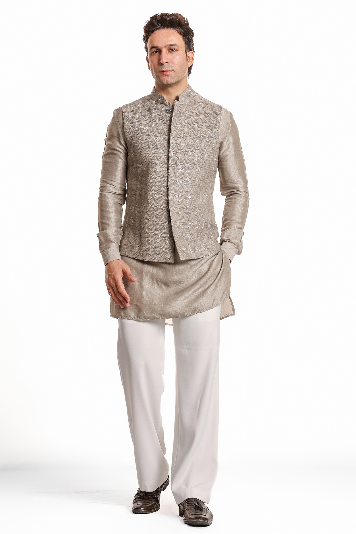 Grey Georgette Glass Cut Embroidered Nehru Jacket Set by Line by Shamim ...