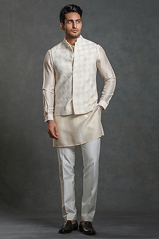 Beige & White Georgette Glass Cut Embroidered Nehru Jacket Set by Line ...