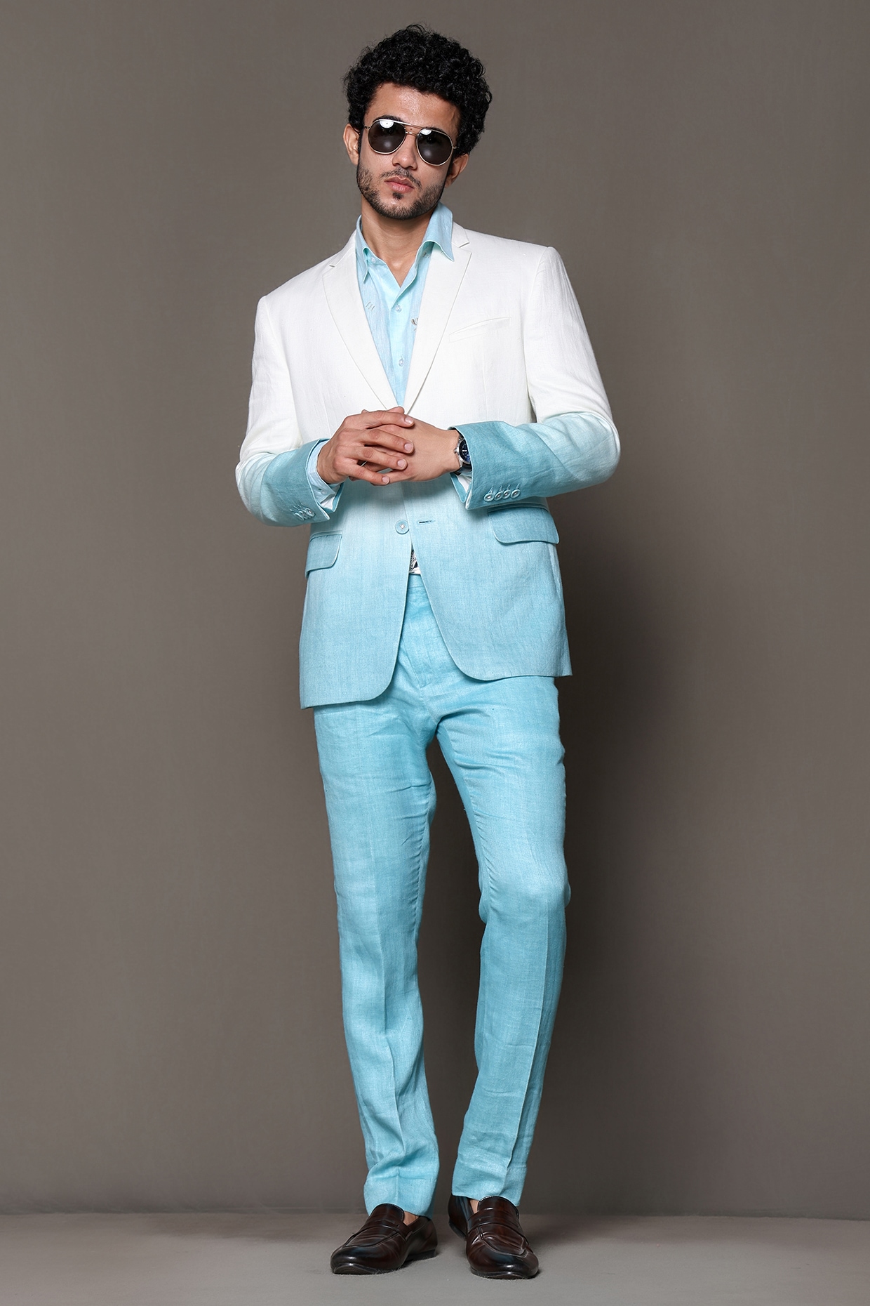Powder Blue & Ivory Ombre Linen Silk Blazer Set by Line by Shamim Khan ...