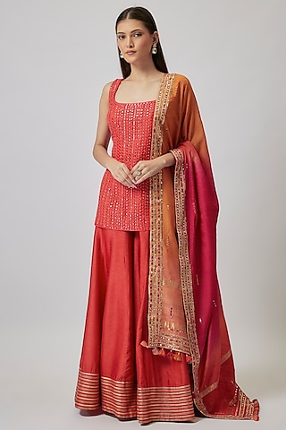 Coral Orange Dupion Silk Kalidar Sharara Set by Loka By Veerali ...
