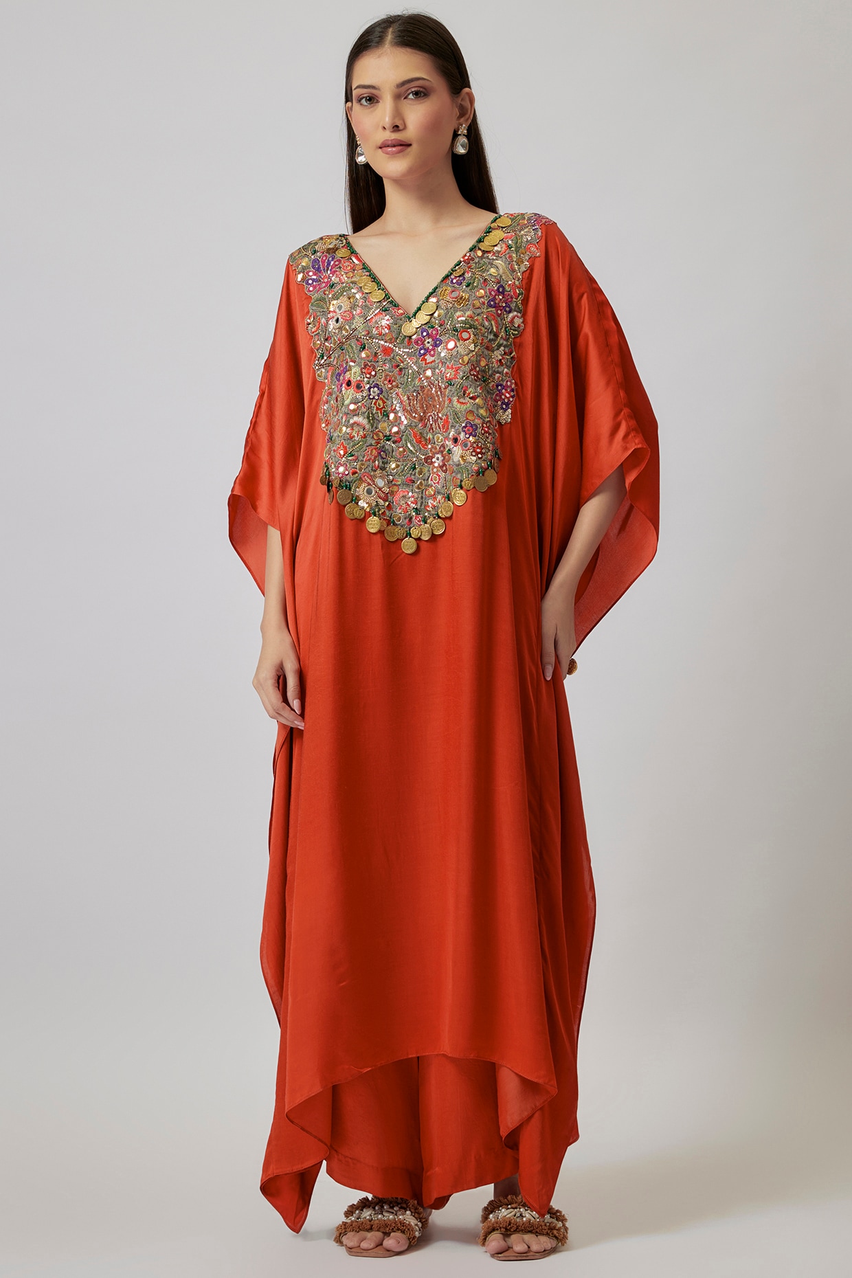 Rust Orange Gajji Silk Hand Embroidered Kaftan Set by Loka By Veerali Raveshia at Pernia's Pop ...