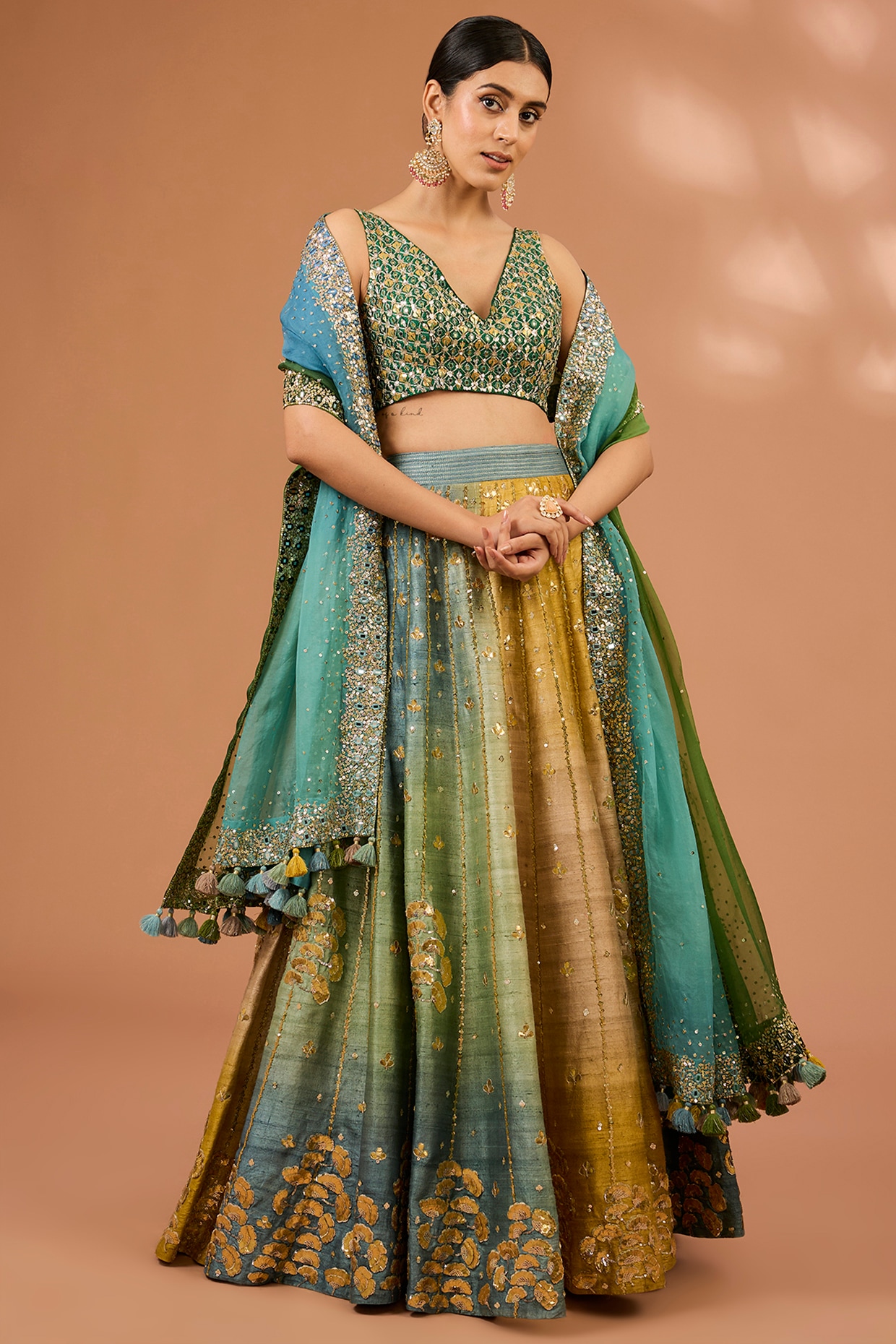 Green & Mustard Ombre Raw Silk Floral Hand Embroidered Bridal Lehenga ...