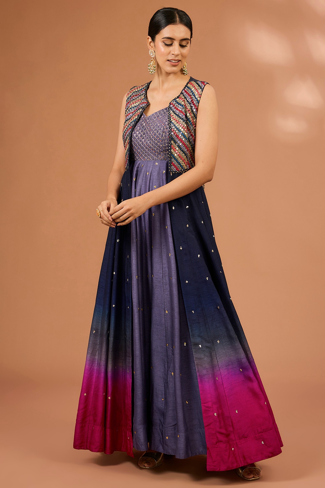 Blue Dupion Silk Mirror Hand Embroidered Anarkali Set by LOKA By ...