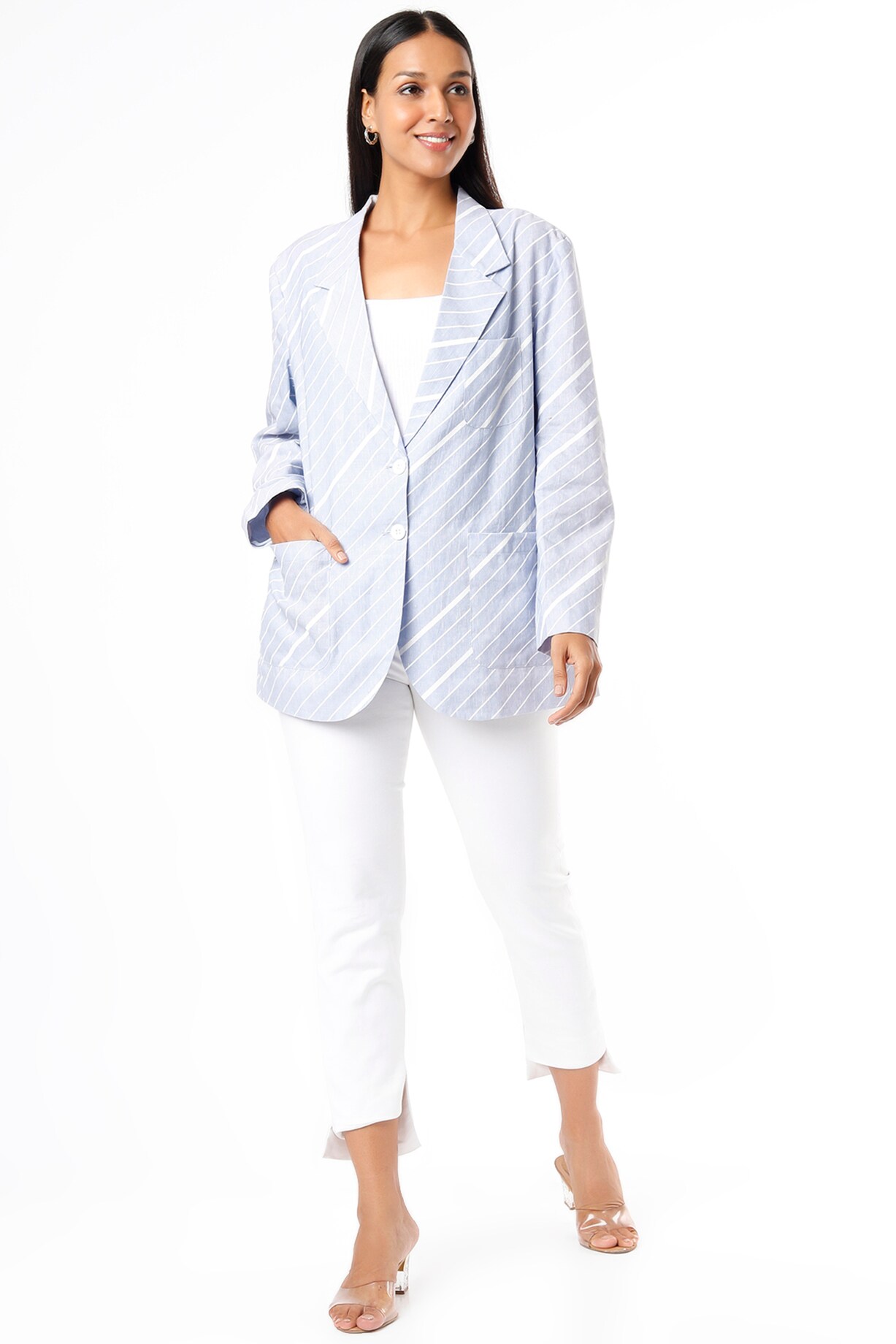 Powder Blue Striped Jacket by Lovebirds at Pernia's Pop Up Shop 2024