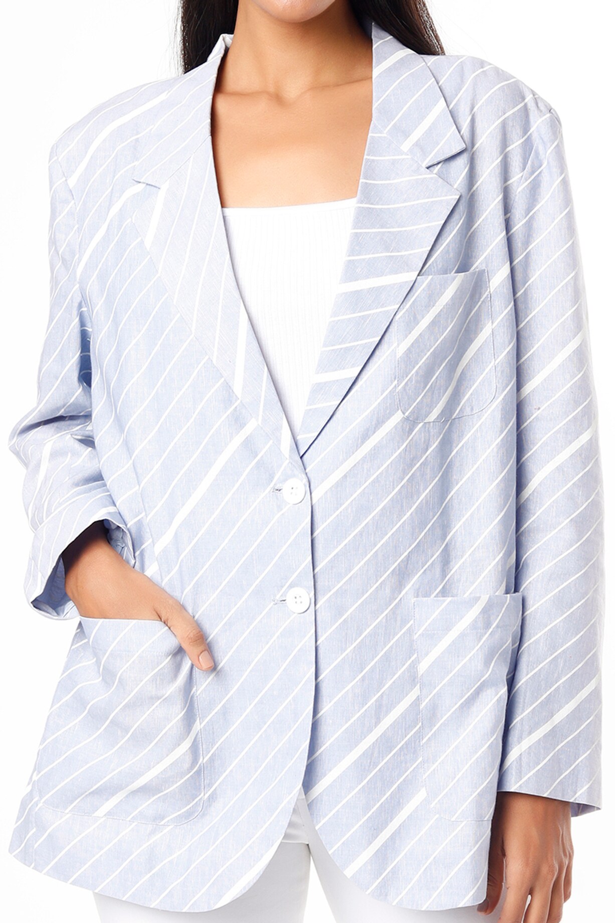 Powder Blue Striped Jacket by Lovebirds at Pernia's Pop Up Shop 2024