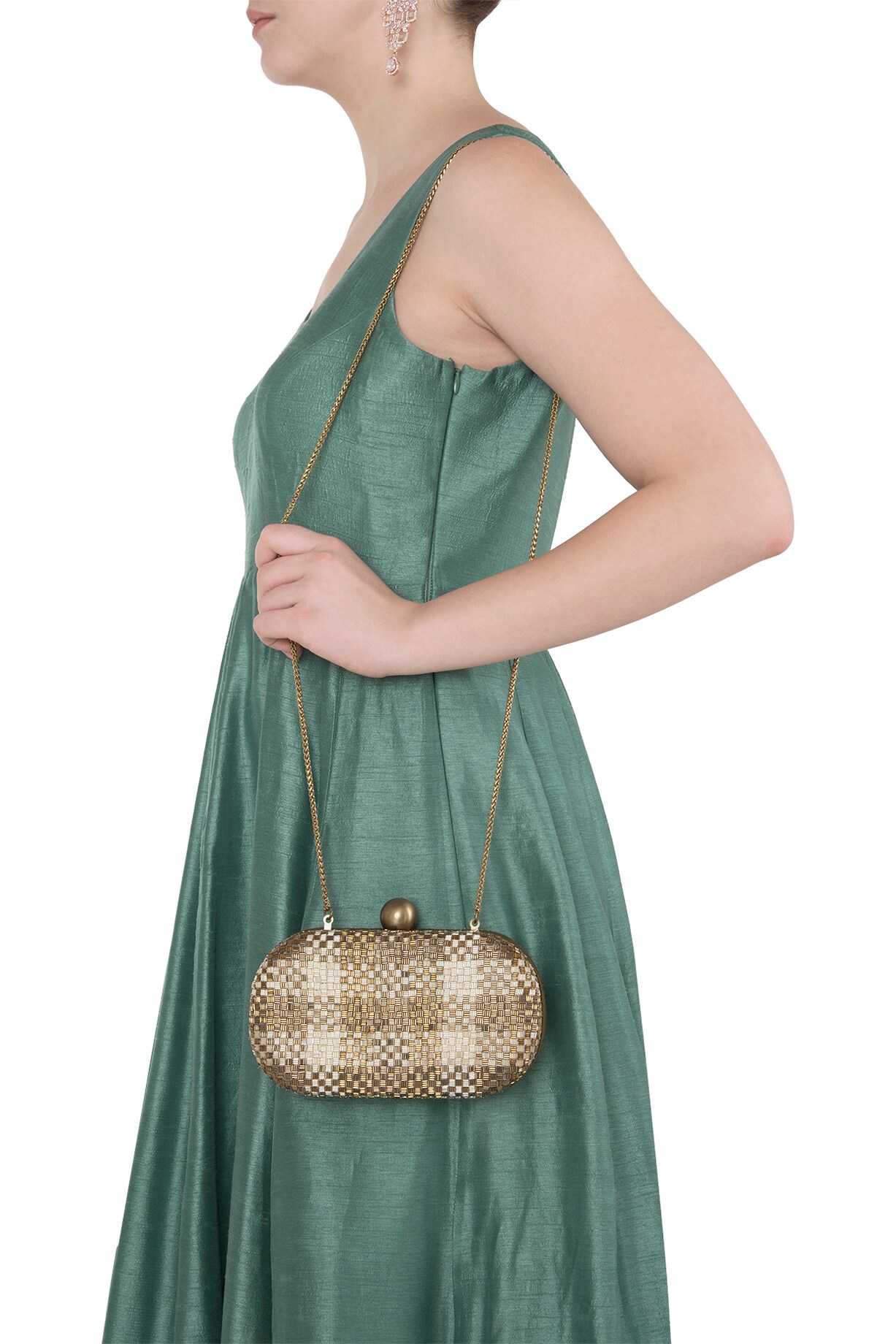Gold embroidered box clutch available only at Pernia's Pop Up Shop. 2025