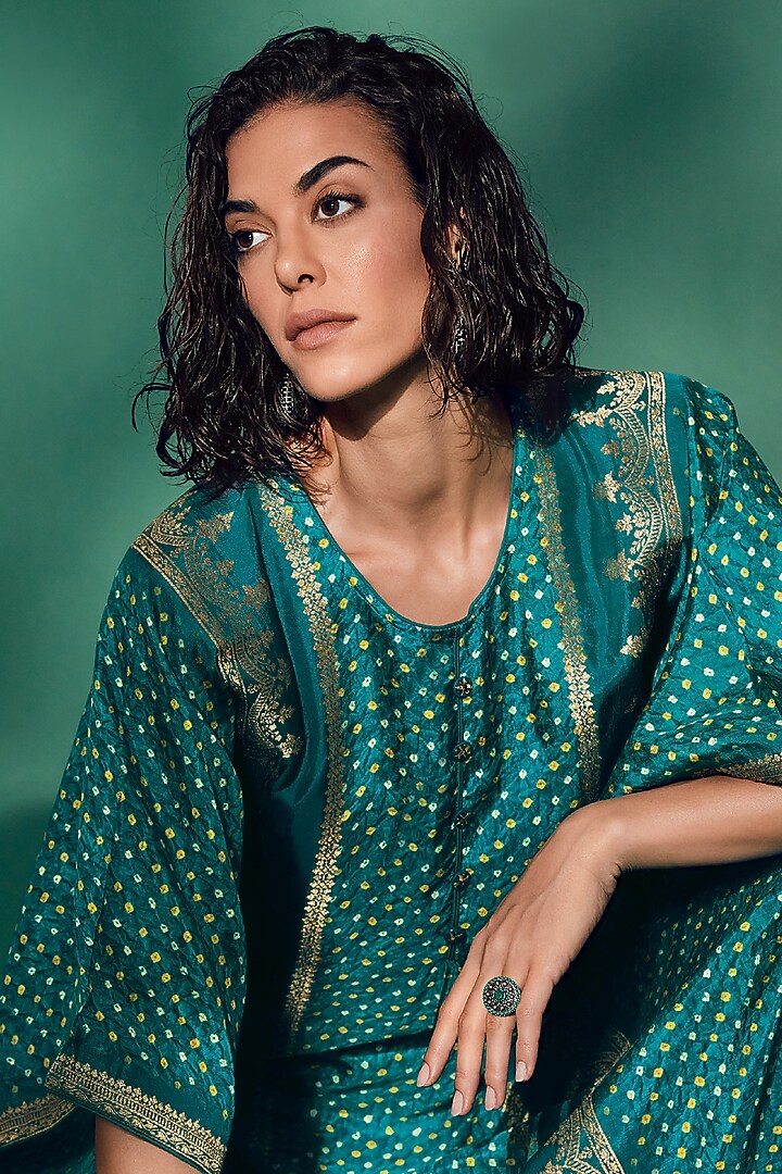 Teal Blue Crushed Viscose Woven Bandhani Printed Kaftan Set by Label ...