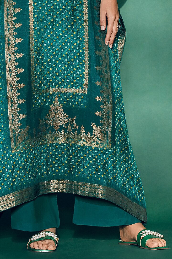 Teal Blue Crushed Viscose Woven Bandhani Printed Kaftan Set by Label ...
