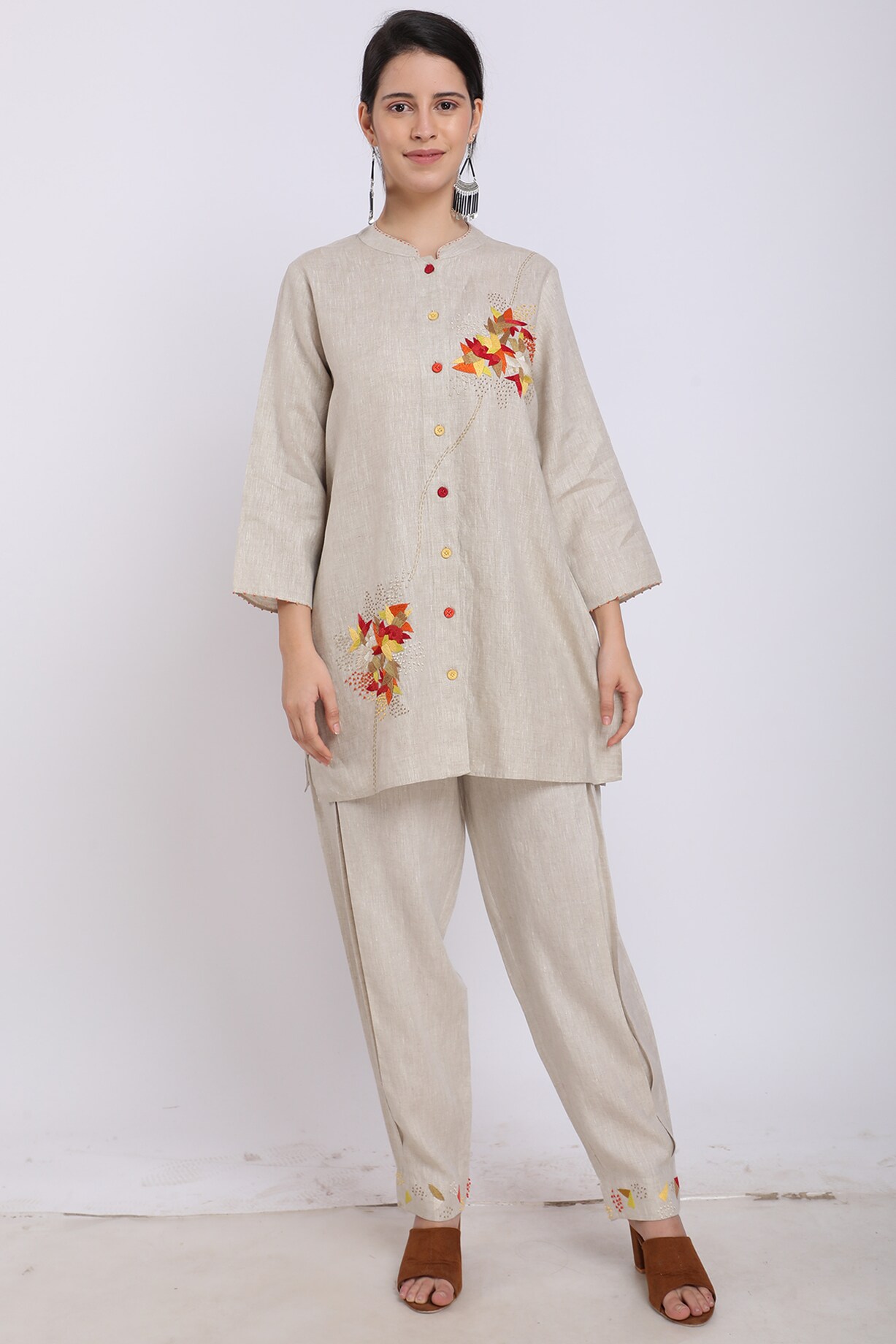 Beige Hand Embroidered Shirt by Linen Bloom at Pernia's Pop Up Shop 2026