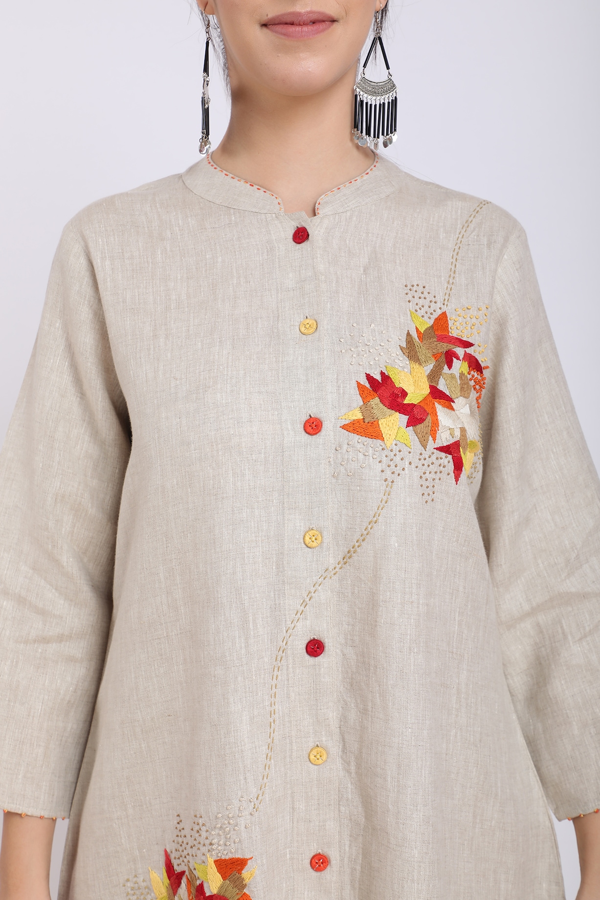 Beige Hand Embroidered Shirt by Linen Bloom at Pernia's Pop Up Shop 2026