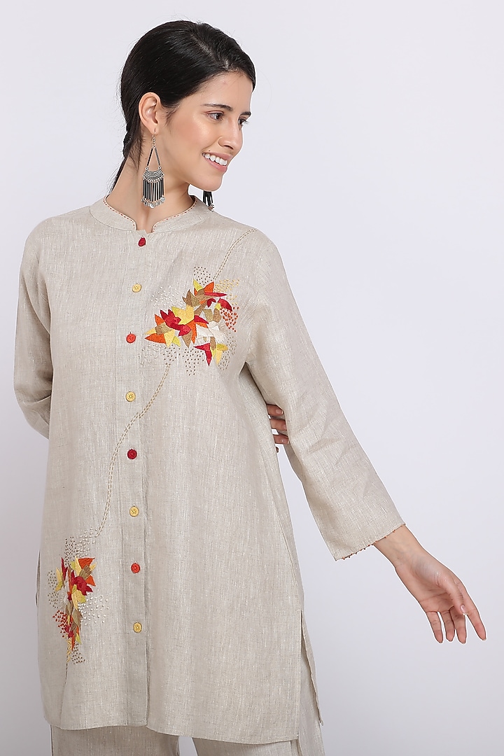 Beige Hand Embroidered Shirt by Linen Bloom at Pernia's Pop Up Shop 2026