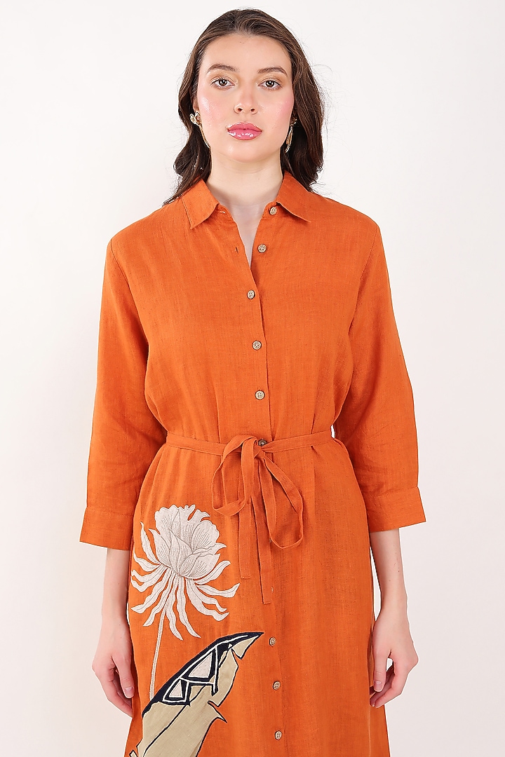 Orange Linen Palm Leaf Embroidered Dress by Linen Bloom at Pernia's Pop ...