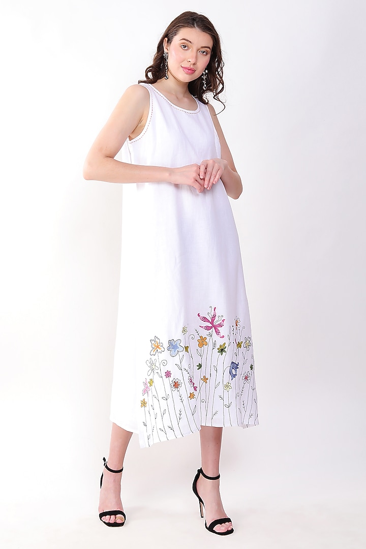 White Linen Floral Embroidered Summer Dress by Linen Bloom at Pernia's ...