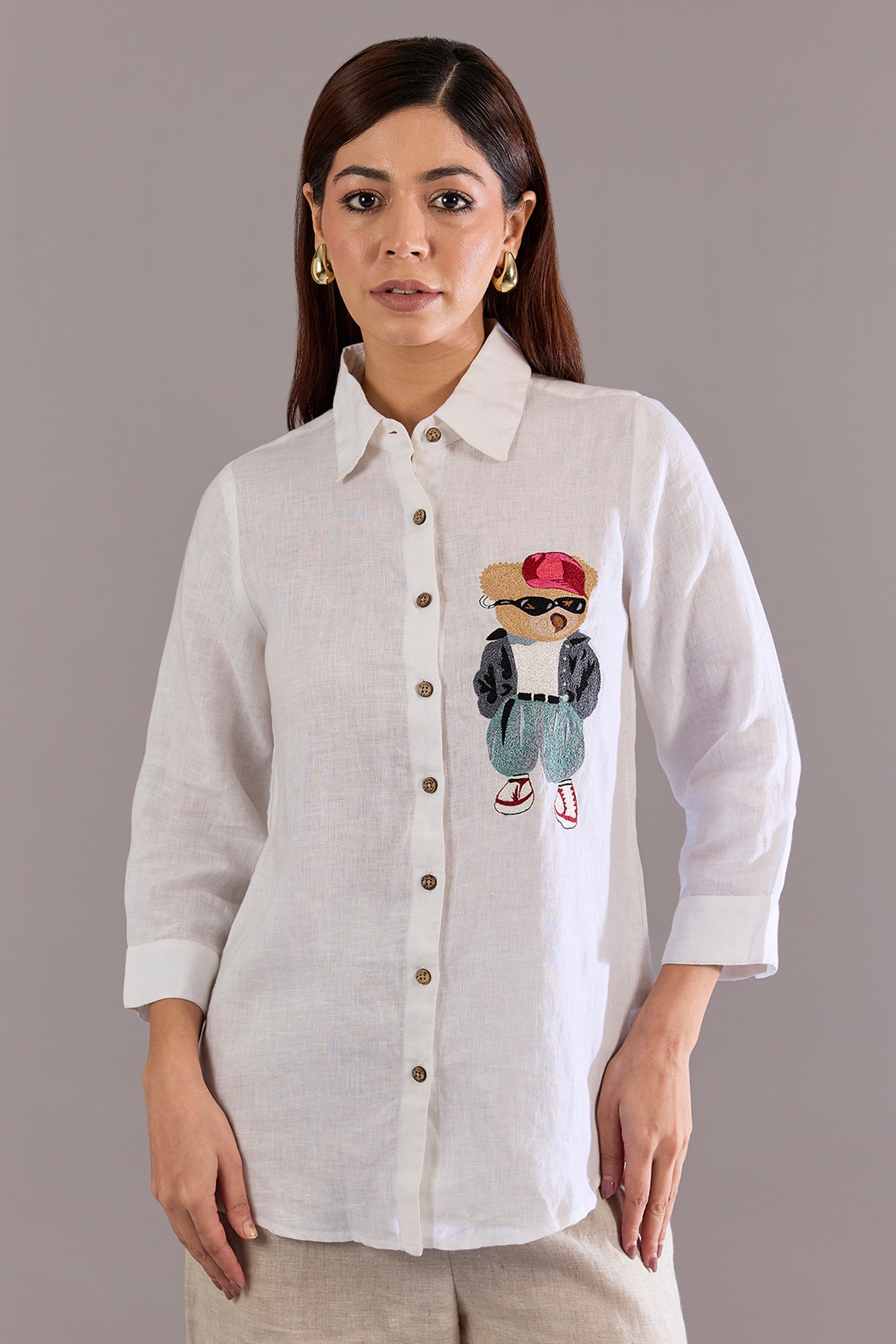White Linen Embroidered Shirt by Linen Bloom at Pernia's Pop Up Shop 2025