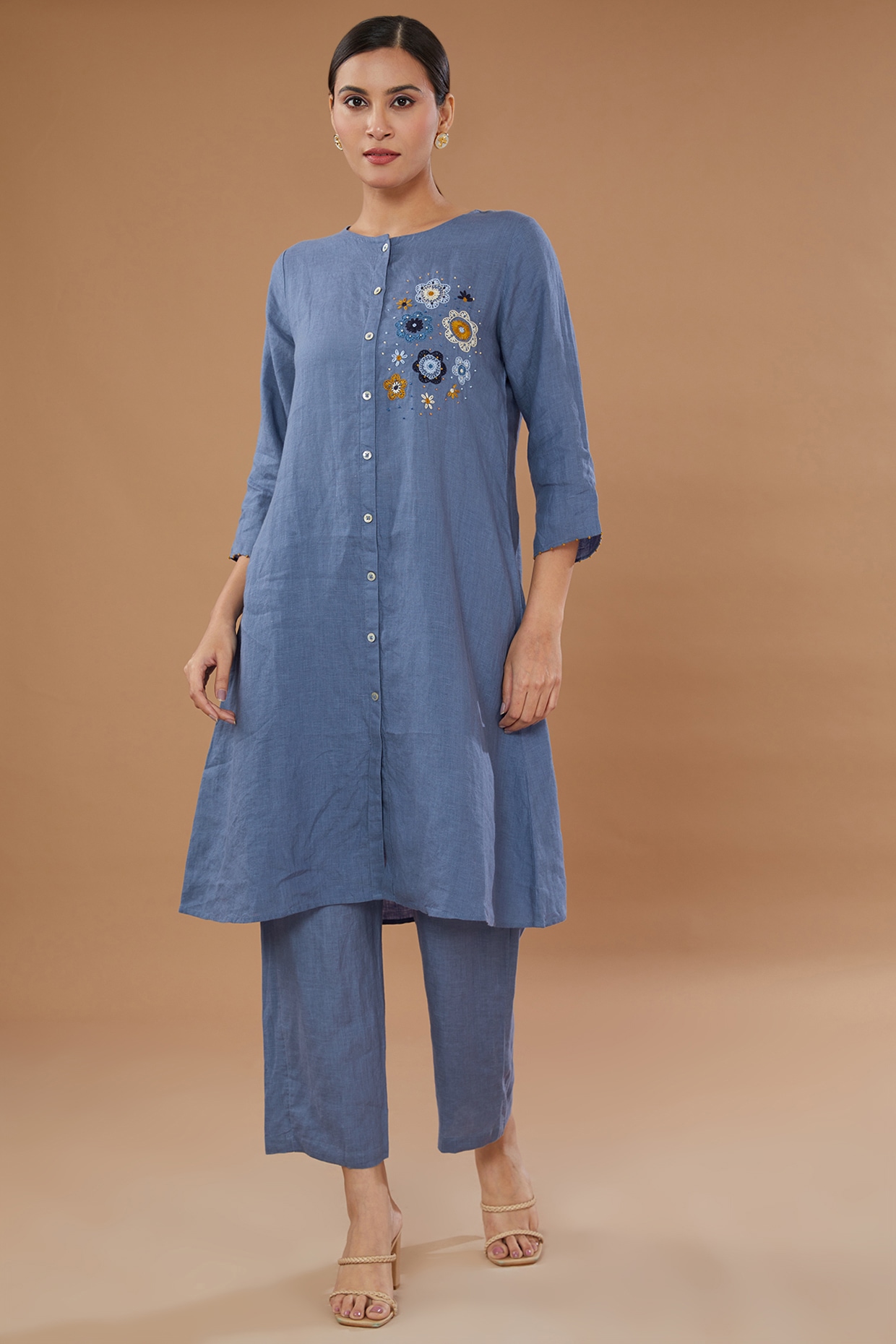 Blue Pure Linen Embroidered Tunic by Linen Bloom at Pernia's Pop Up ...
