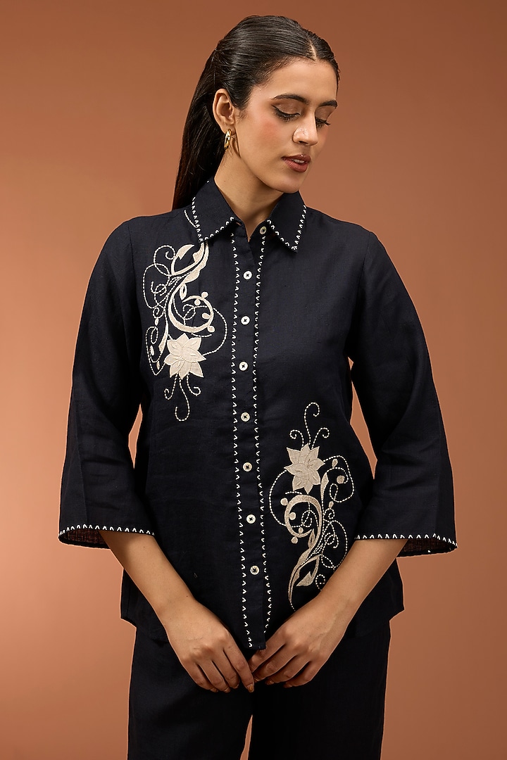 Blue Linen Floral Embroidered Co-Ord Set by Linen Bloom at Pernia's Pop ...