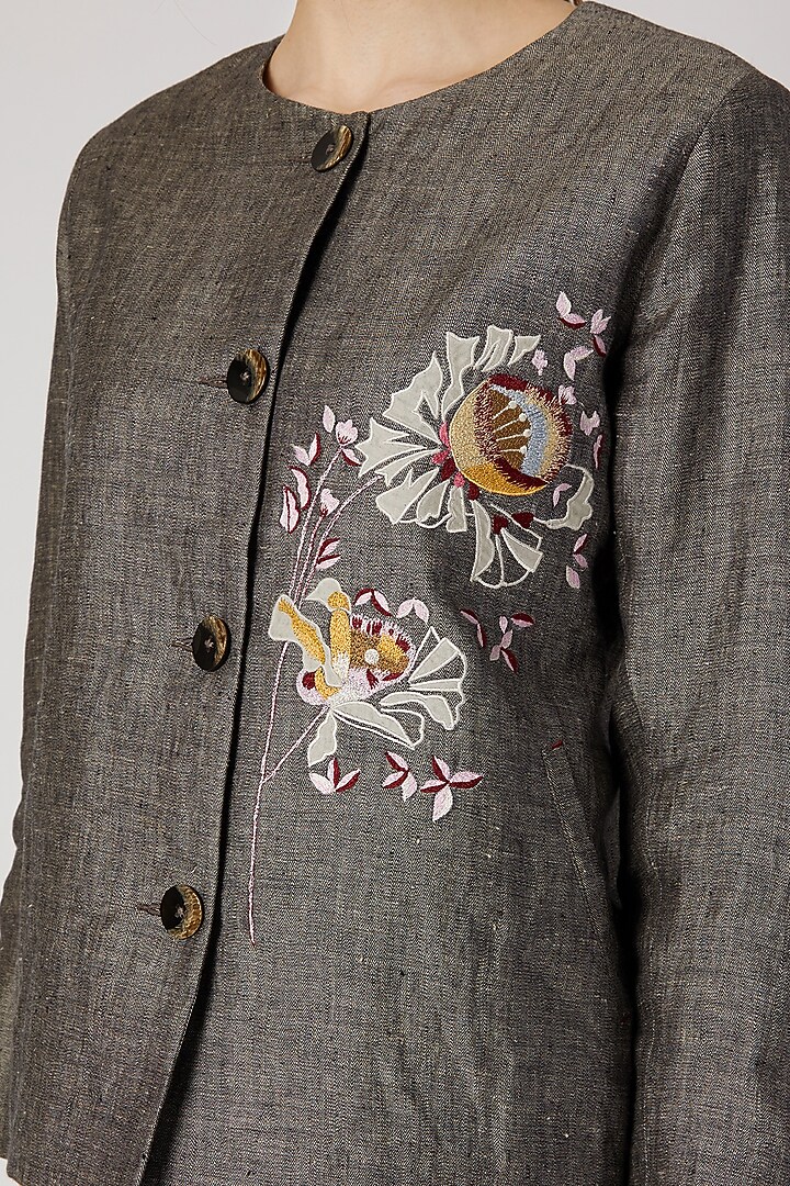 Grey Floral Embroidered Jacket by Linen Bloom at Pernia's Pop Up Shop 2025