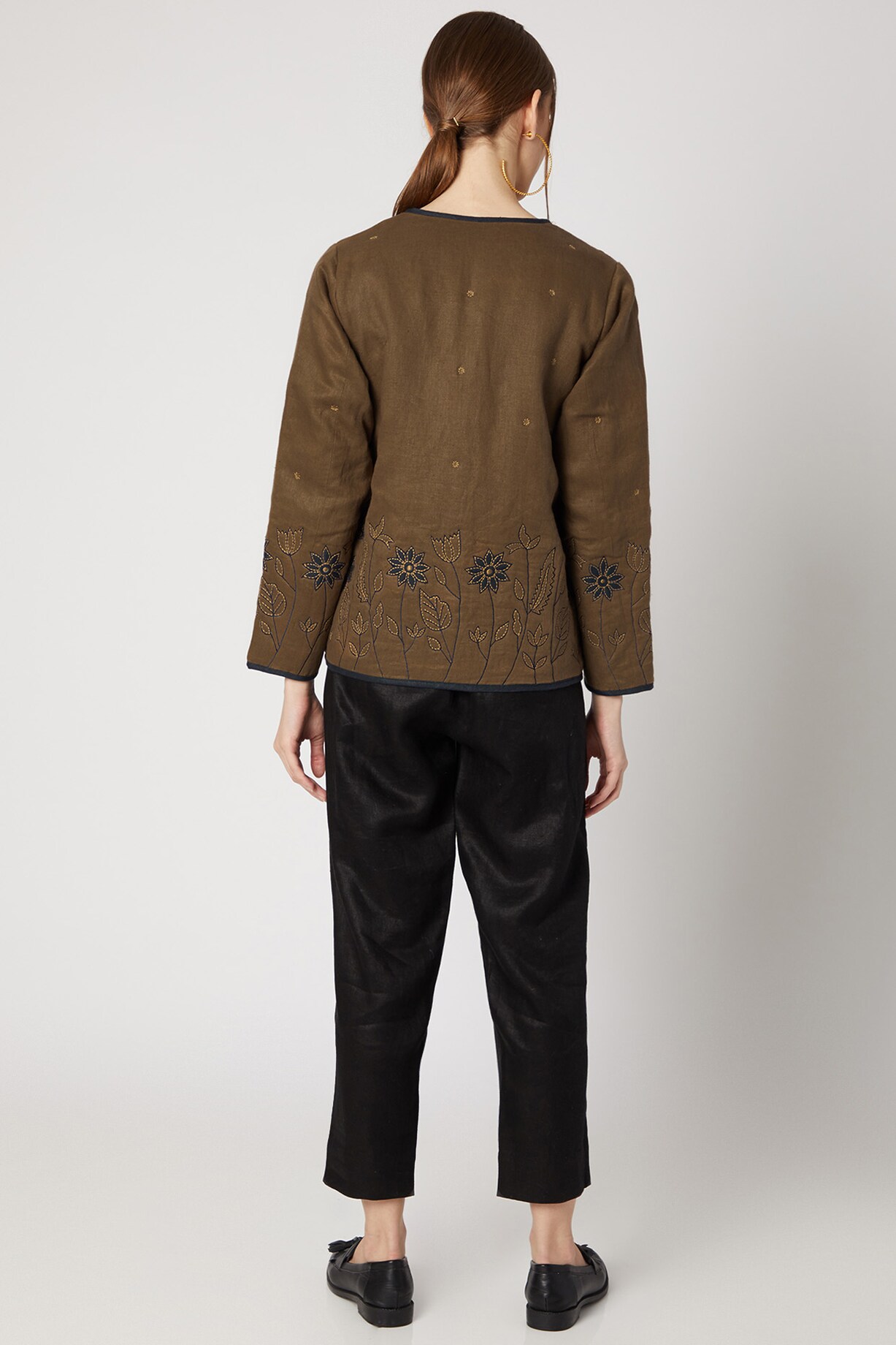 Tobacco Brown Embroidered Quilted Jacket Design by Linen Bloom at ...