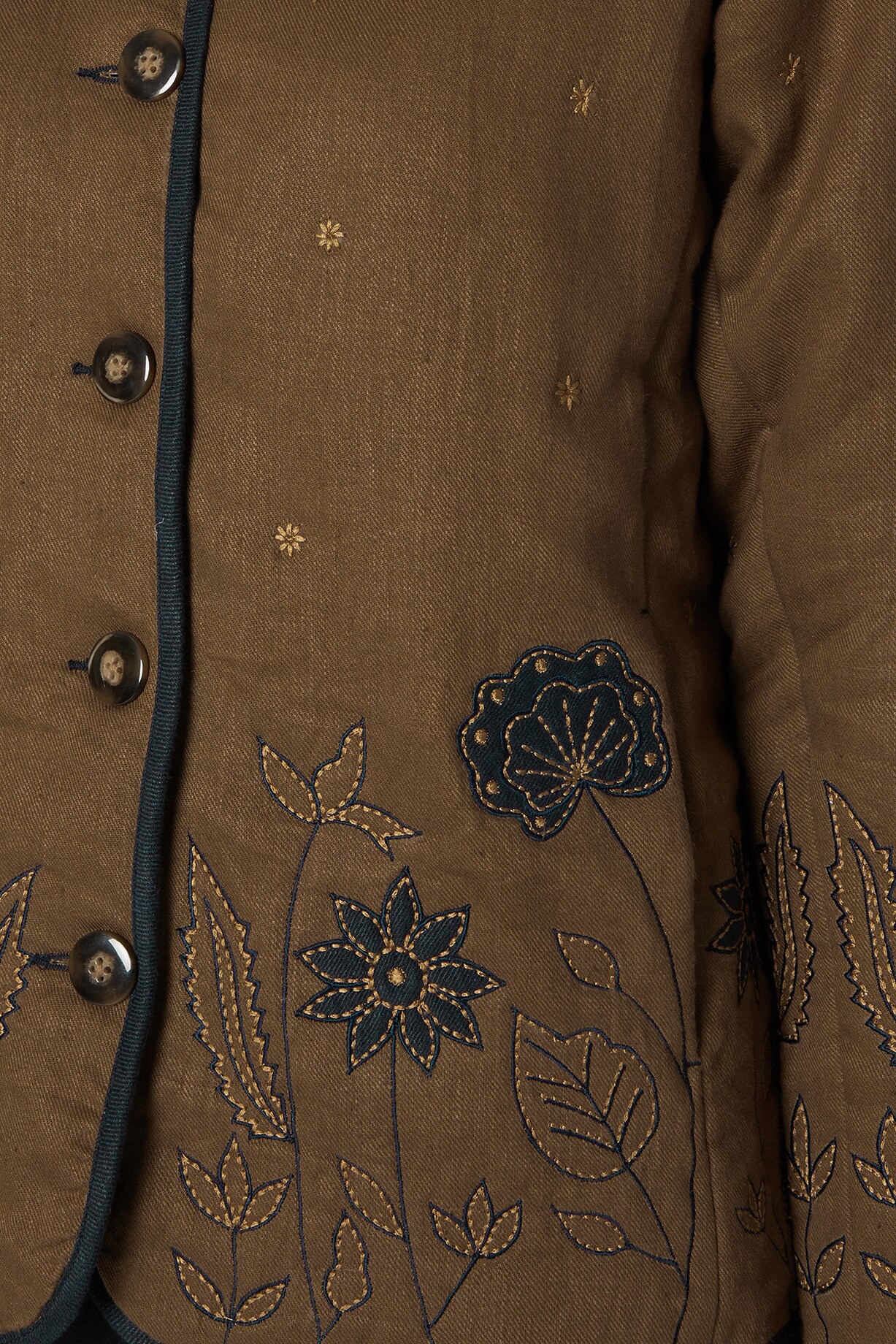 Tobacco Brown Embroidered Quilted Jacket Design by Linen Bloom at ...
